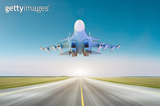 Military fighter jet aircraft at high speed, flying above runway at ...