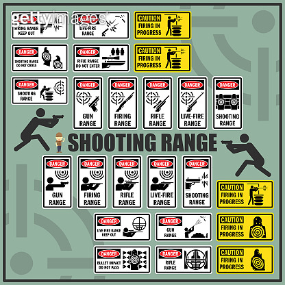 Set of shooting range safety signs and symbols. Gun range, Live-fire ...
