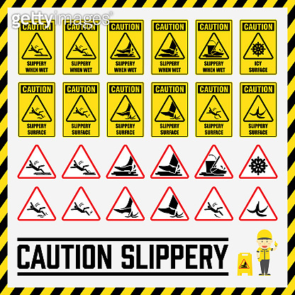 Set of safety caution signs and symbols of the slippery surface, Labels ...