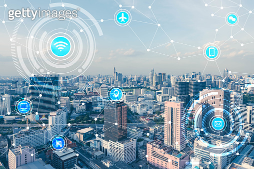 Blue high-tech tone of cityscape connected line with wifi sign ...