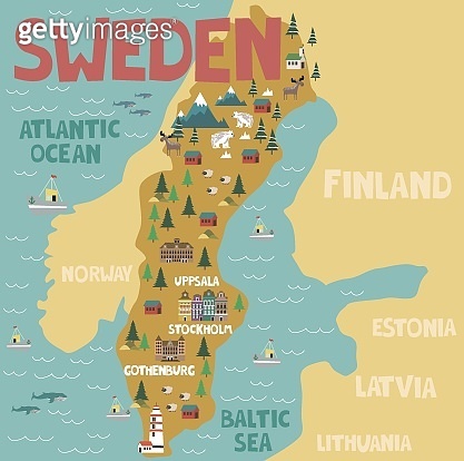 Illustrated map of Sweden with nature and landmarks 이미지 (951029122 ...