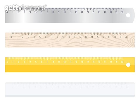 Set of different measuring rulers. Plastic, wooden and metal rulers ...