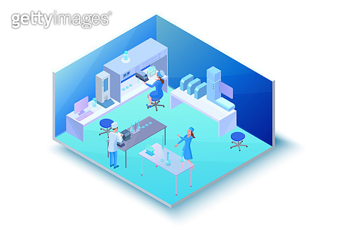 Isometric laboratory room with equipment, 3d machines, scientists doing ...