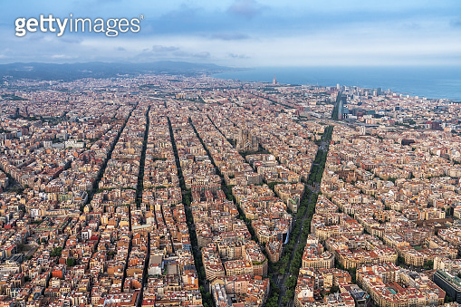 Barcelona aerial, wide angle view of the city skyline and urban grid ...
