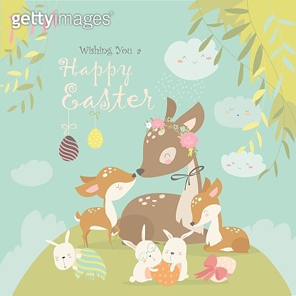 Cartoon Deer family with cute bunnies. Happy animals for Easter. 이미지 ...