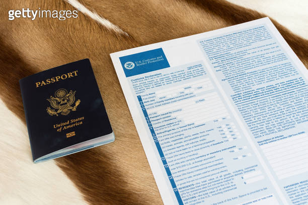 US Customs Declaration Form and US Passport on Springbok hide rug 이미지 ...