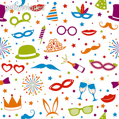 Multicoloured party background with funny icons - carnival, photo booth ...