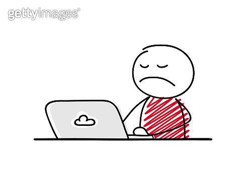 Funny businessman - cartoon stickman working on his laptop. Angry ...
