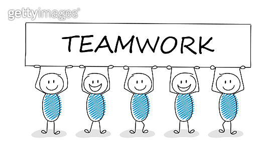 Funny stickmen holding a banner with slogan: teamwork. Vector. 이미지 ...
