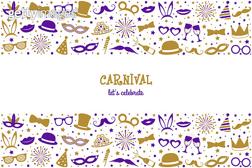 Carnival - let's celebrate. Funny banner with costumes and masks ...