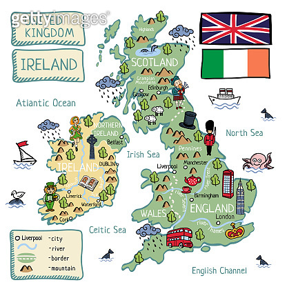 Cartoon map of United Kingdom and Ireland with isolated objects and ...