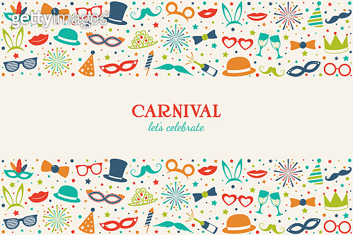 Carnival - let's celebrate. Funny banner with costumes and masks ...