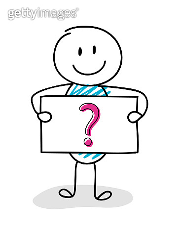 Smiley stickman holding board with interrogation icon. Vector ...
