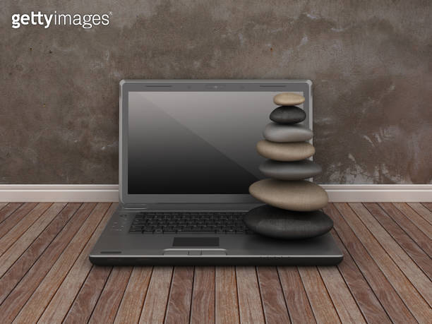 Computer Laptop with Stones Stack - 3D Rendering 이미지 (1067841536) - 게티이미지뱅크
