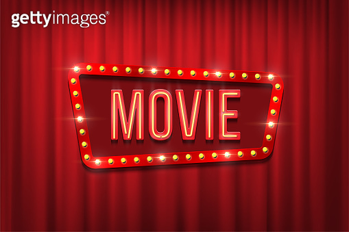 Retro movie sign with bulb frame on red curtain background. Vector ...