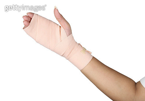 Arm splint, hand bandage, gauze bandage patient with Asian girl hand ...