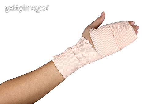 Arm splint, hand bandage, gauze bandage patient with Asian girl hand ...