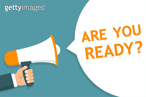Hand holding Megaphone. Announcement. ARE YOU READY! - stock vector ...