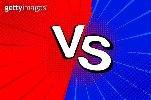 Pop art retro comic. Blue and red background. Versus lightning blast ...