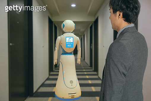 smart hotel in hospitality industry 4.0 technology concept, robot ...