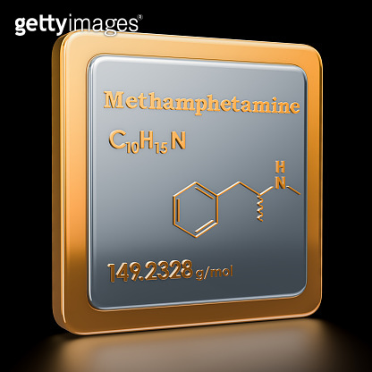 Methamphetamine. Icon, chemical formula, molecular structure. 3D ...