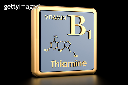 Vitamin B1, thiamine. Icon, chemical formula, molecular structure. 3D ...