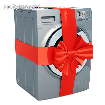 Gift concept, washing machine with red ribbon and bow. 3D rendering ...