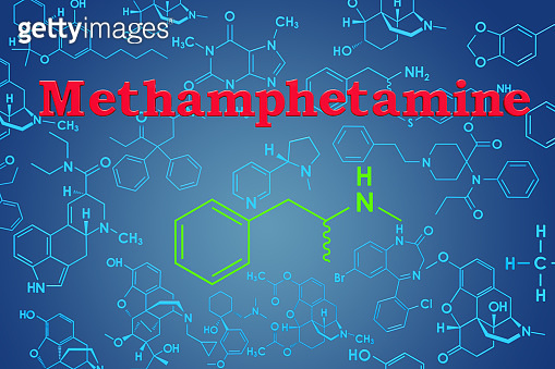 Methamphetamine, chemical formula, molecular structure. 3D rendering ...