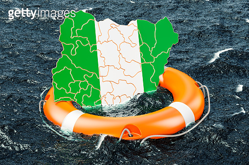 Lifebuoy with Nigerian map in the open sea. Safe, help and protect ...