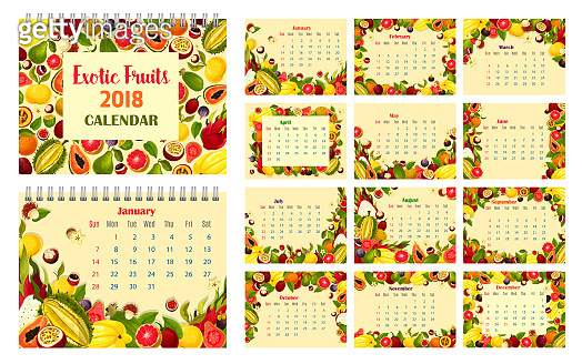 Calendar template with exotic tropical fruit frame 이미지 (955582200) - 게티 ...