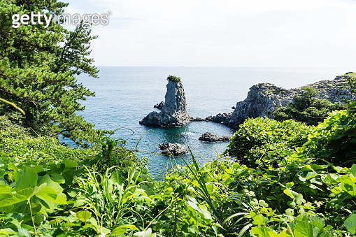 Rock formation Oedolgae in green halfcircle in the ocean at Seogwipo ...