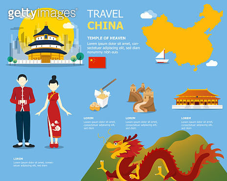Map of the China and landmark icons for traveling 이미지 (914388880) - 게티이미지뱅크