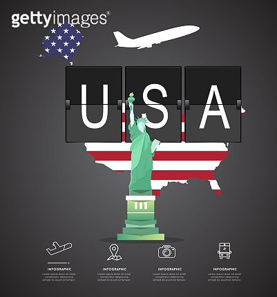Traveling to USA with statue of liberty and map of infographic 이미지 ...