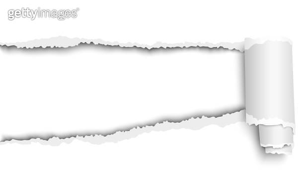 Oblong torn hole in white sheet with paper curl. Vector paper template ...