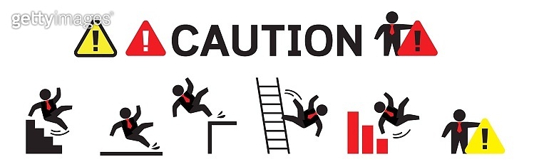 Caution symbols with stick figure man falling. Wet floor, tripping on ...