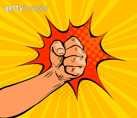 Fist punching, crushing blow or strong punch drawn in pop art retro ...