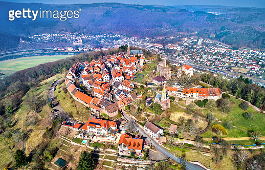 Aerial view of Dilsberg, a town with a castle on the top of a hill ...