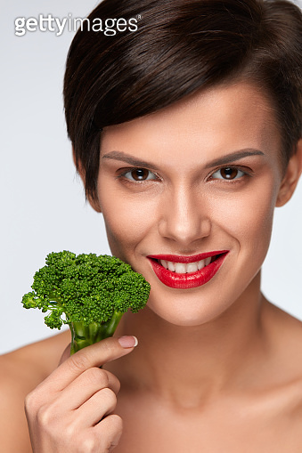 Diet. Beautiful Smiling Woman With Green Broccoli, Healthy Food ...