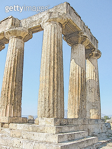 Corinth, Greece. Doric columns of an ancient Greek Temple of Apollo. An ...
