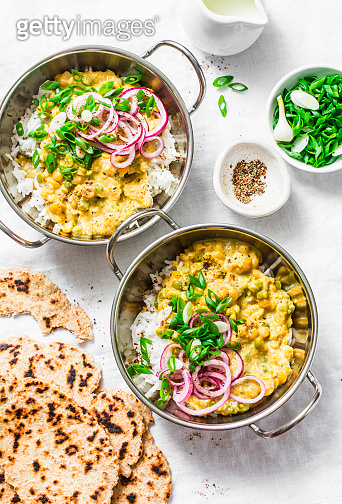 Indian dhal with jasmine rice, marinated red onion, scallion and whole ...