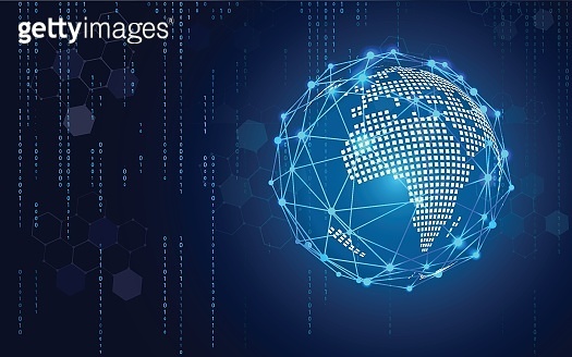 Blue technology circle and computer science abstract background with blue and binary code matrix ...