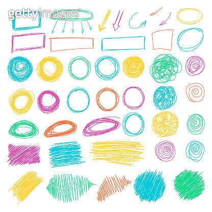 Mega collection of Hand drawn Scribble circle, oval, rectangle, border elements in trendy grunge ...