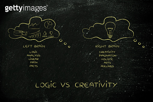thought bubbles with stats against intuitive idea, logic vs creativity ...