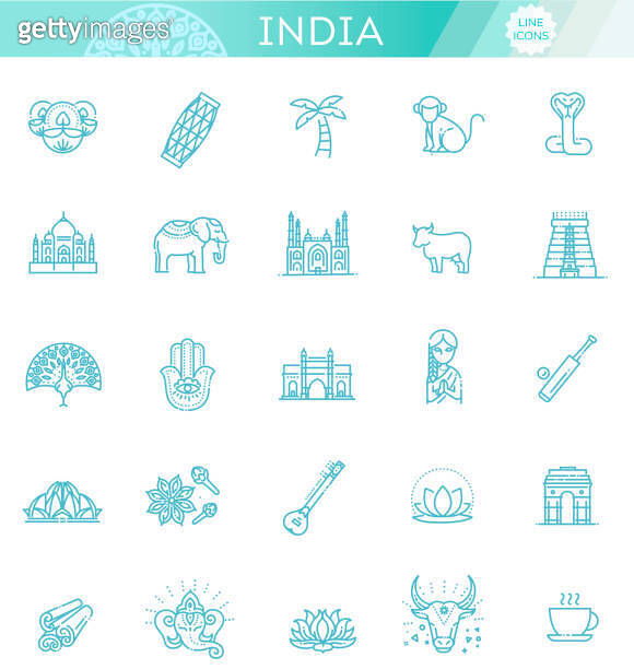 India icons set. Indian attractions, line design. Tourism in India ...