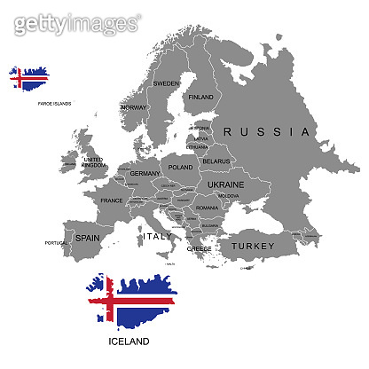 Territory of Europe continent. Iceland. Separate countries with flags ...