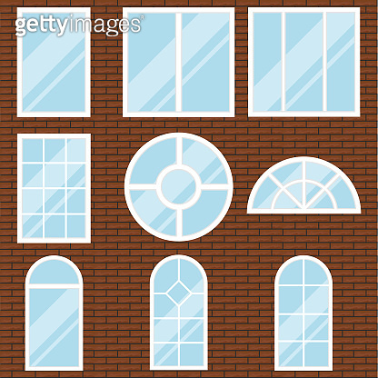 Windows, a set of white windows on a brick wall background. Flat design ...