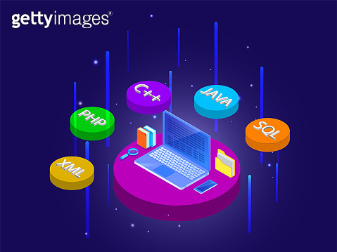 Software development and programming concept, 3d illustration of laptop ...