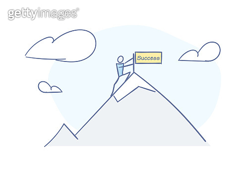 Stick man reaching top of the mountain representing success and ...