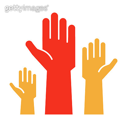Raised hands volunteering to help a good cause. Vector trendy flat icon ...