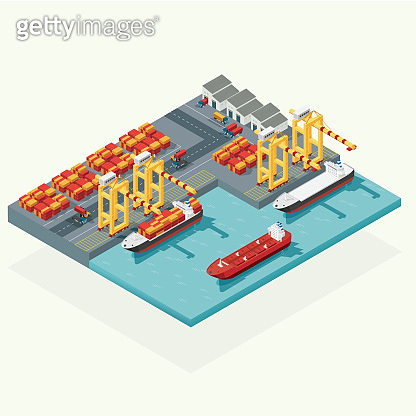 Top view cargo logistics and transportation container ship with working ...